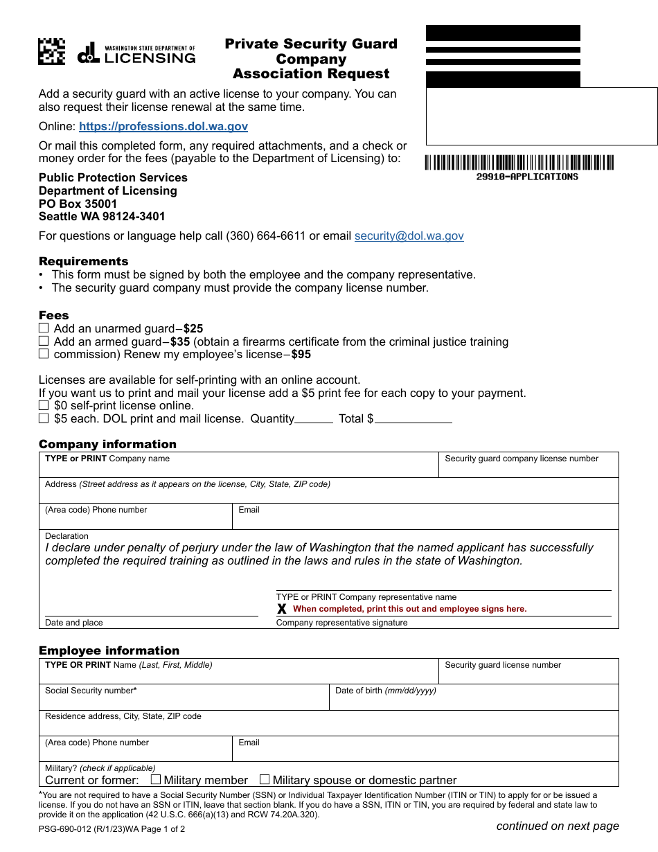 Form PSG-690-012 Download Fillable PDF or Fill Online Private Security ...