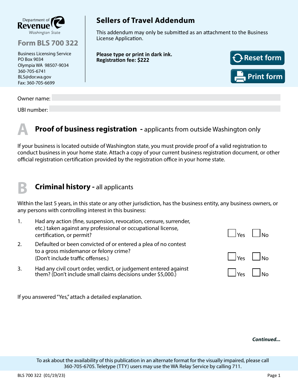 Form BLS700 322 Download Fillable PDF or Fill Online Sellers of Travel ...