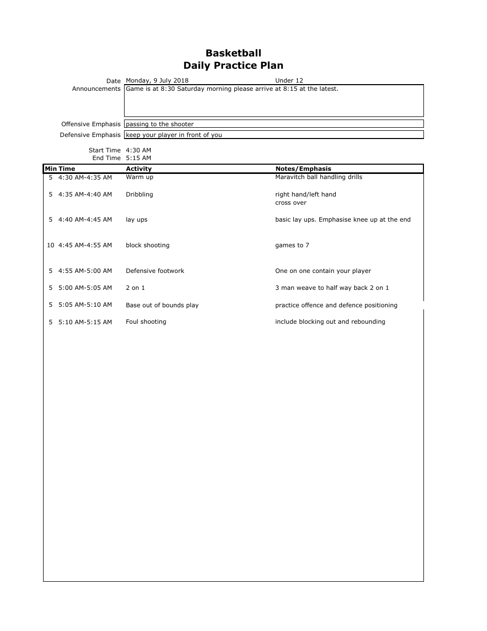 Basketball Daily Practice Plan Download Printable PDF | Templateroller
