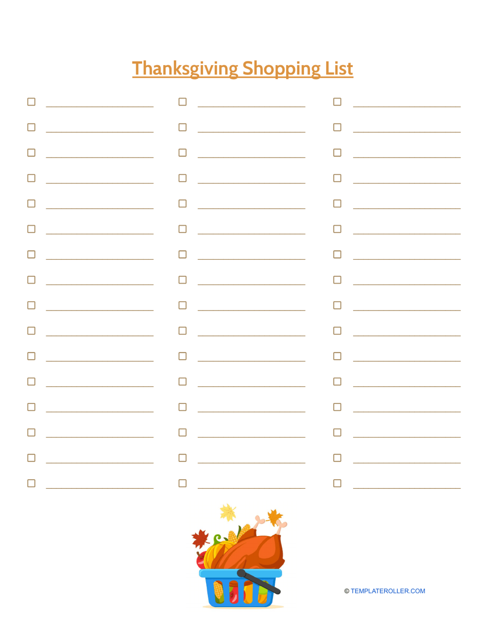 Thanksgiving Shopping List Template - Turkey Download Printable PDF ...