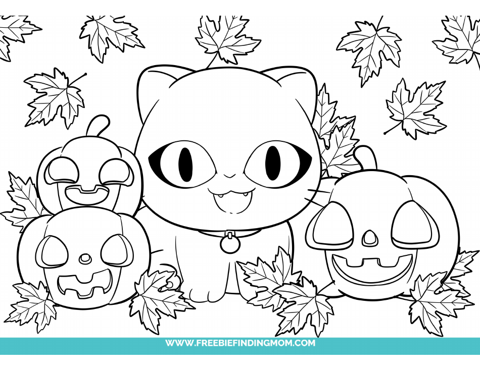 Halloween Coloring Page - Cat With Pumpkins Download Printable PDF ...