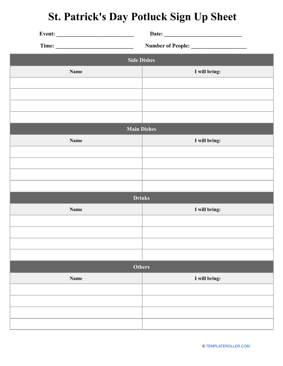 St. Patrick's Day Potluck Sign up Sheet Download Printable PDF ...