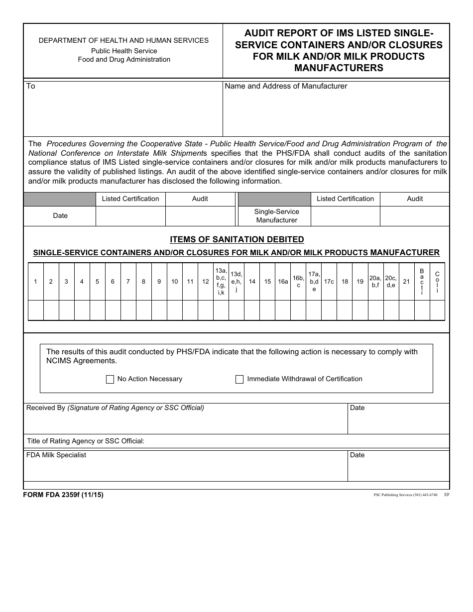 Form FDA2359F - Fill Out, Sign Online and Download Fillable PDF ...