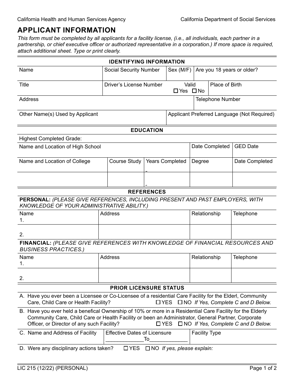 Form LIC215 Download Fillable PDF or Fill Online Applicant Information ...