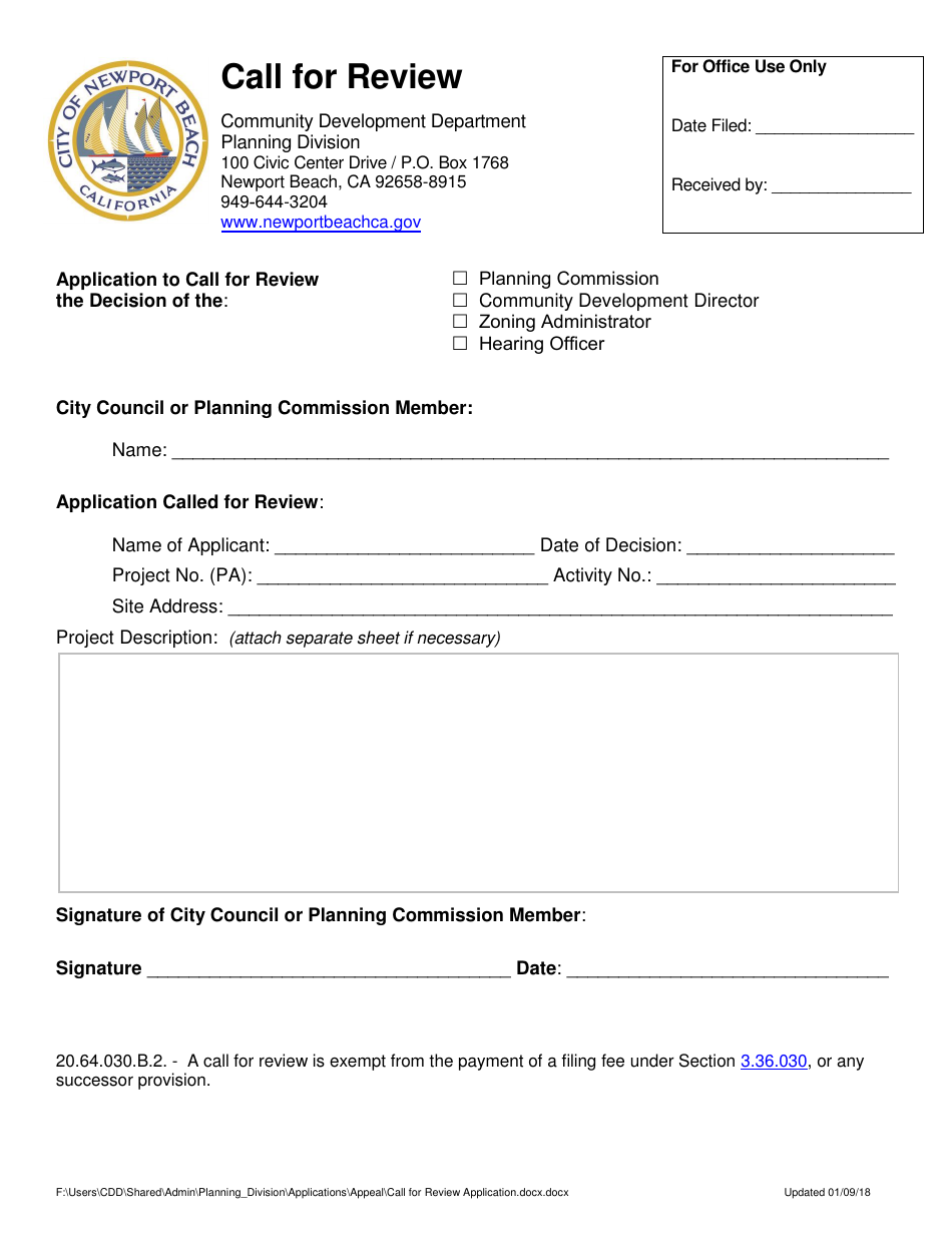 City of Newport Beach, California Call for Review - Fill Out, Sign ...