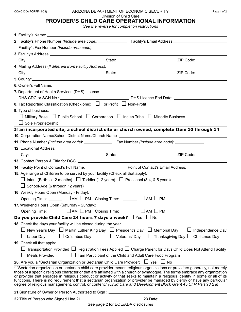 Form CCA-0100A Download Fillable PDF or Fill Online Provider's Child ...
