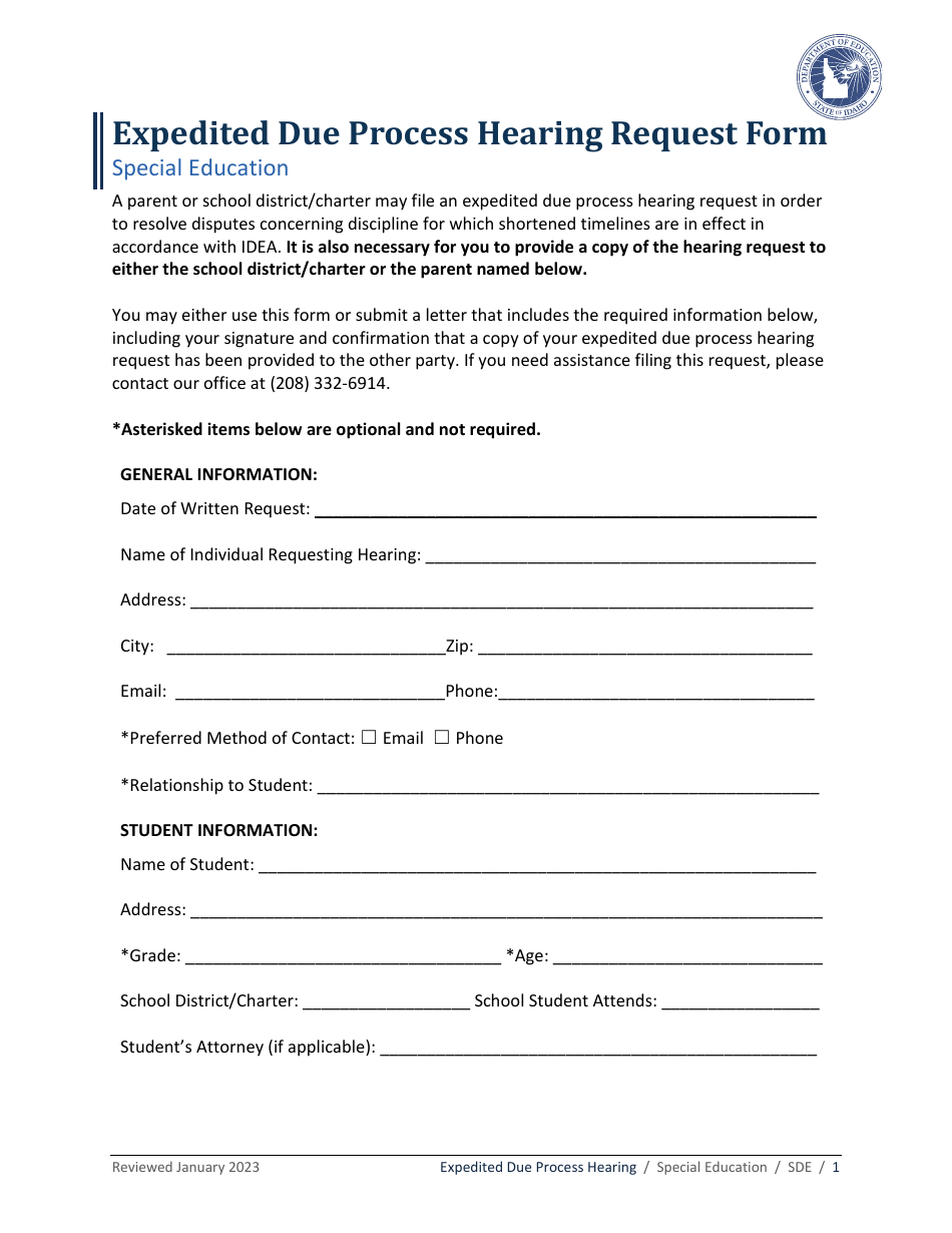 Idaho Expedited Due Process Hearing Request Form - Special Education ...