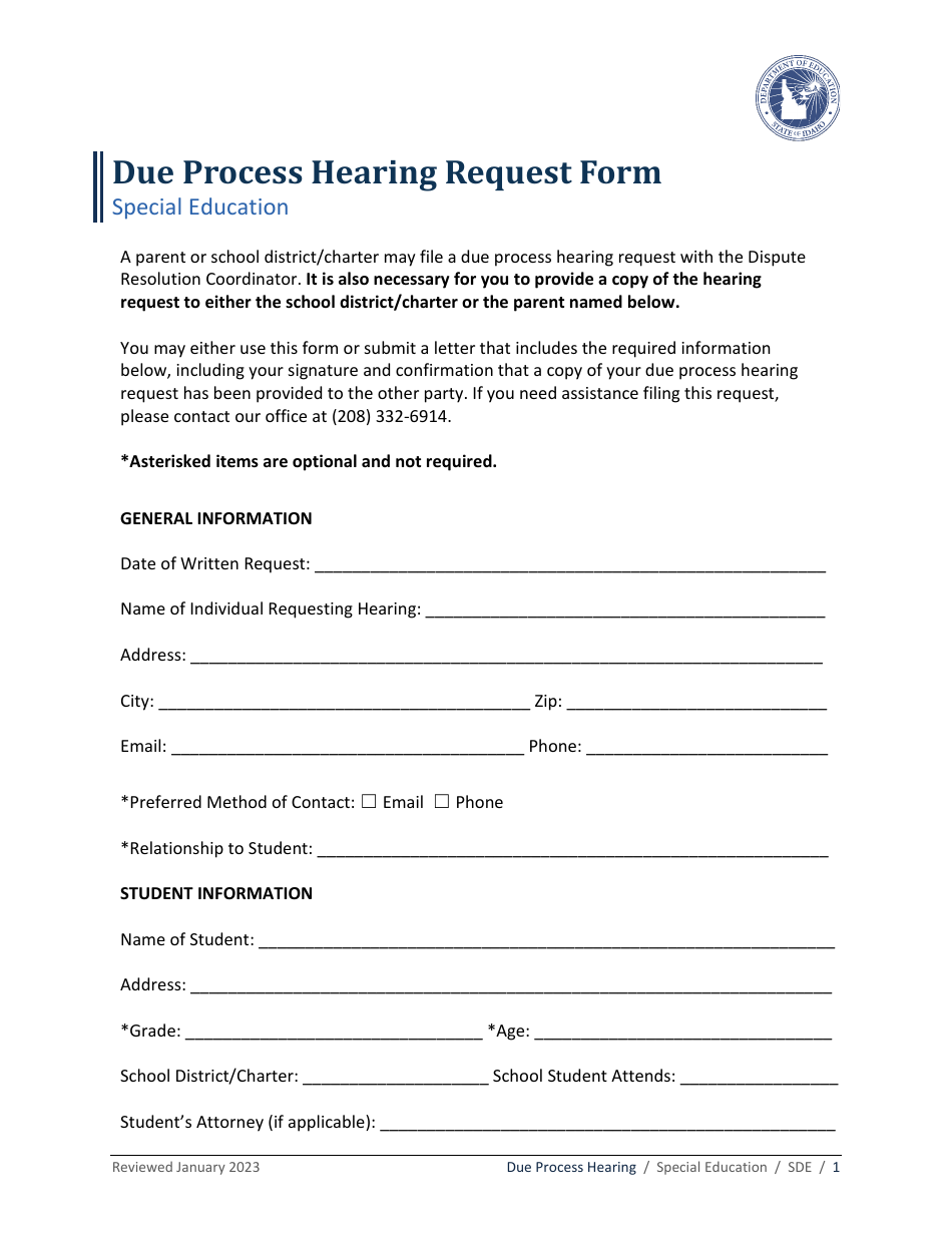 Idaho Due Process Hearing Request Form - Special Education - Fill Out, Sign Online and Download ...