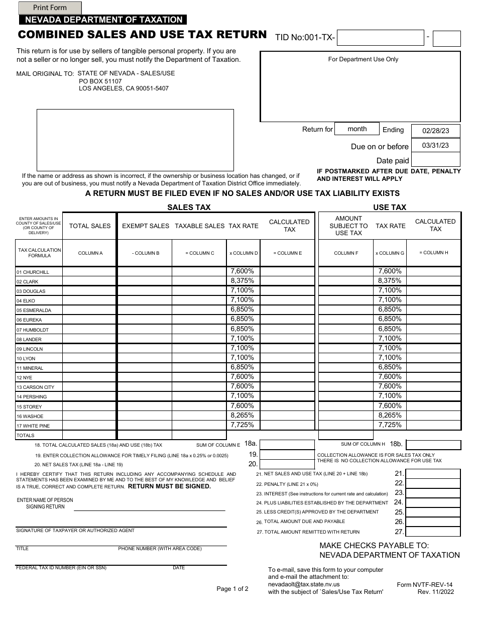Form NVTF-REV-14 - Fill Out, Sign Online and Download Fillable PDF ...