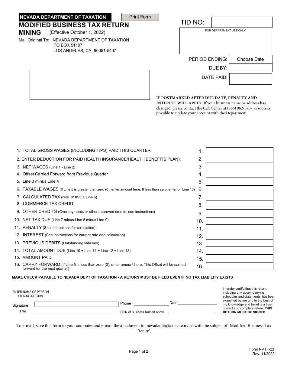 Form NVTF-22 - Fill Out, Sign Online and Download Fillable PDF, Nevada ...