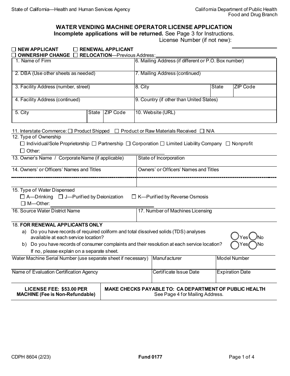 Form CDPH8604 Download Fillable PDF or Fill Online Water Vending ...