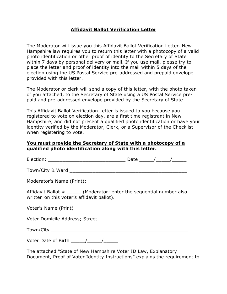New Hampshire Affidavit Ballot Verification Letter - Fill Out, Sign Online and Download PDF ...