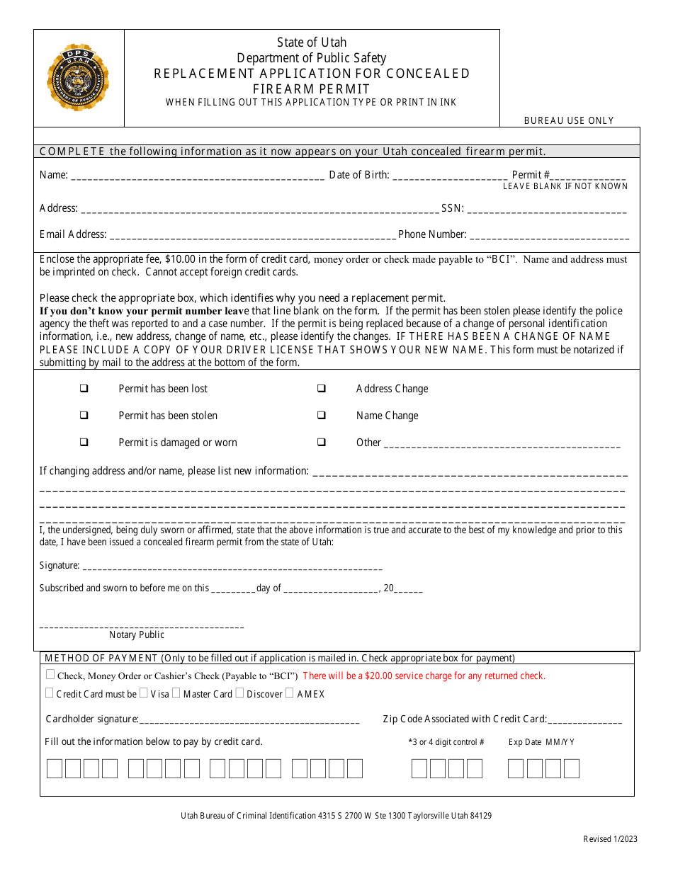 Utah Replacement Application for Concealed Firearm Permit Download ...