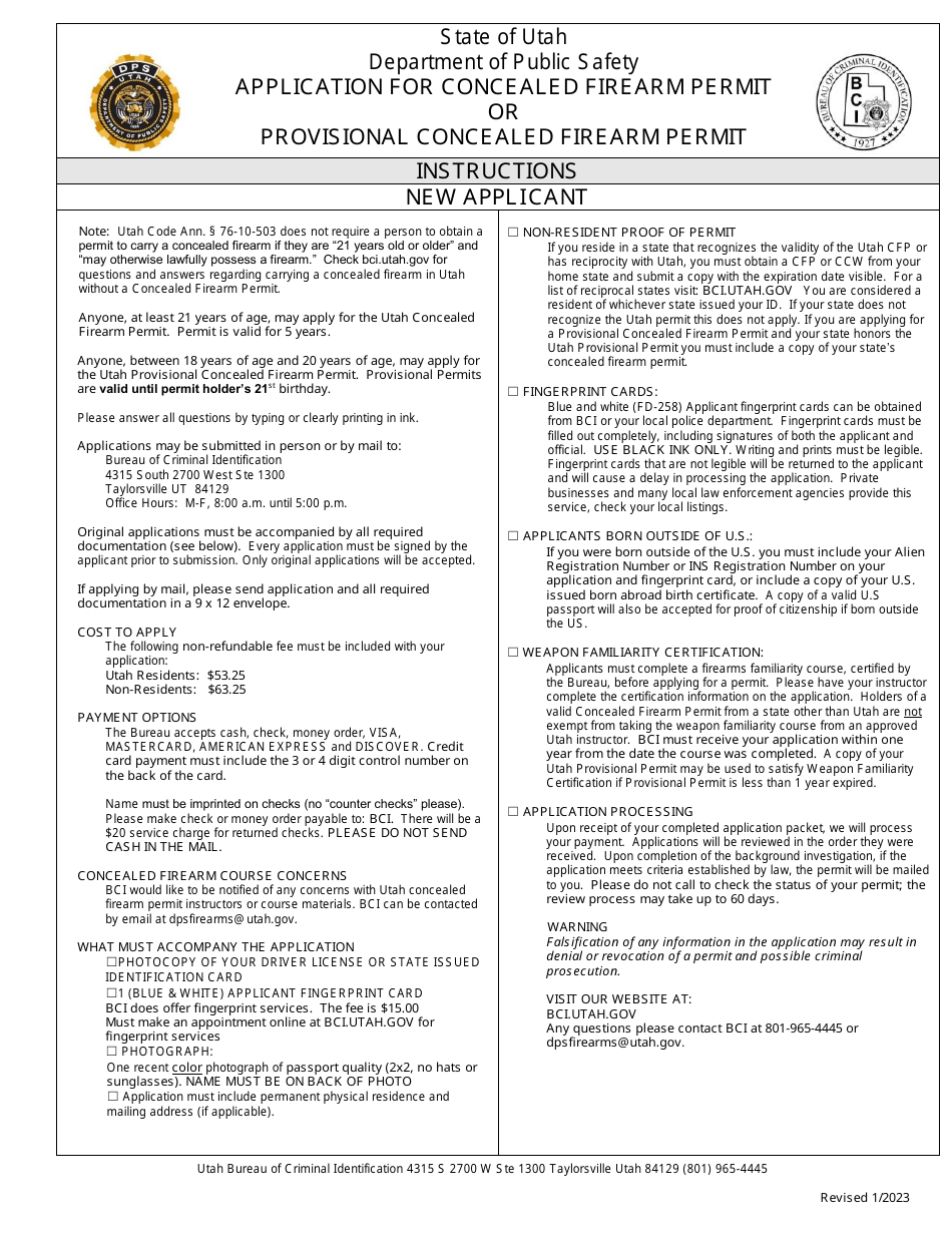 Utah Application for Concealed Firearm Permit or Provisional Concealed ...