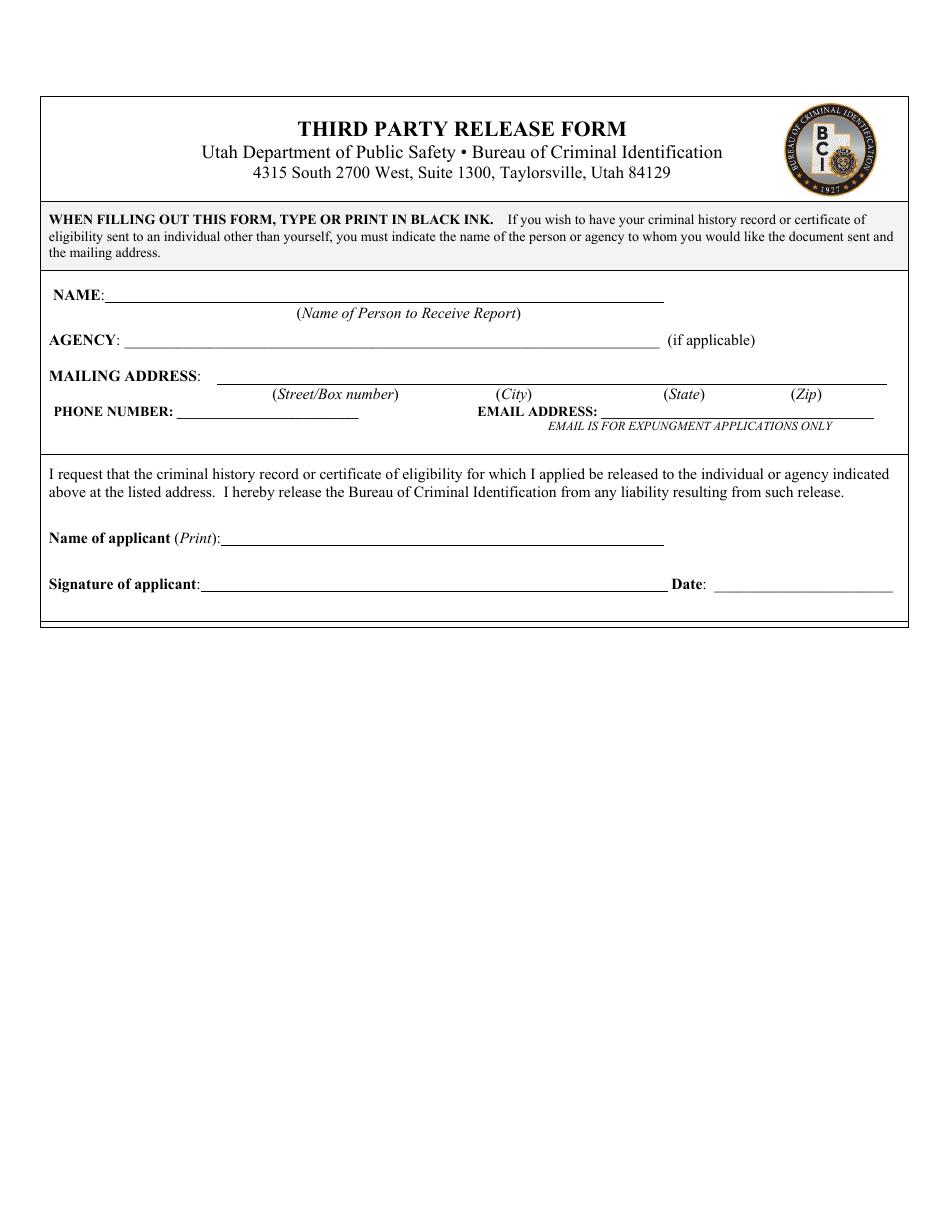 Utah Third Party Release Form - Fill Out, Sign Online and Download PDF ...