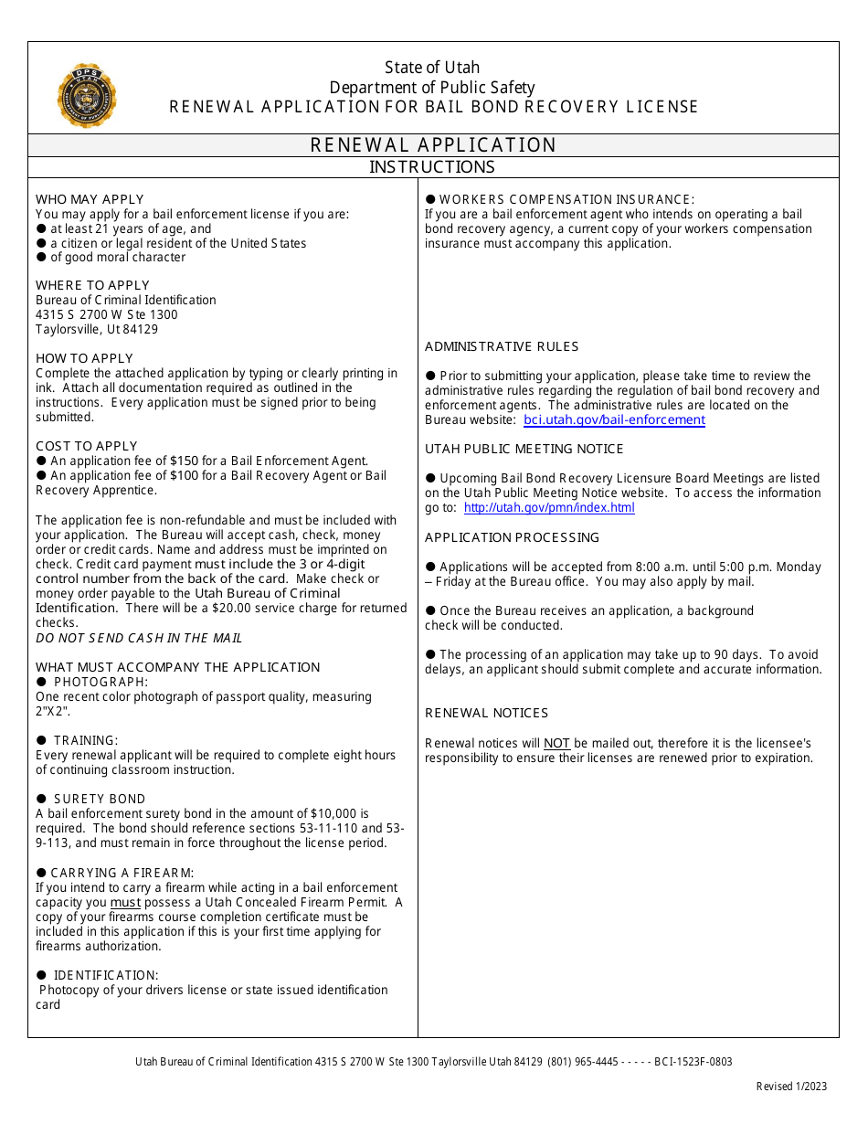Utah Renewal Application for Bail Enforcement Licensing - Fill Out ...