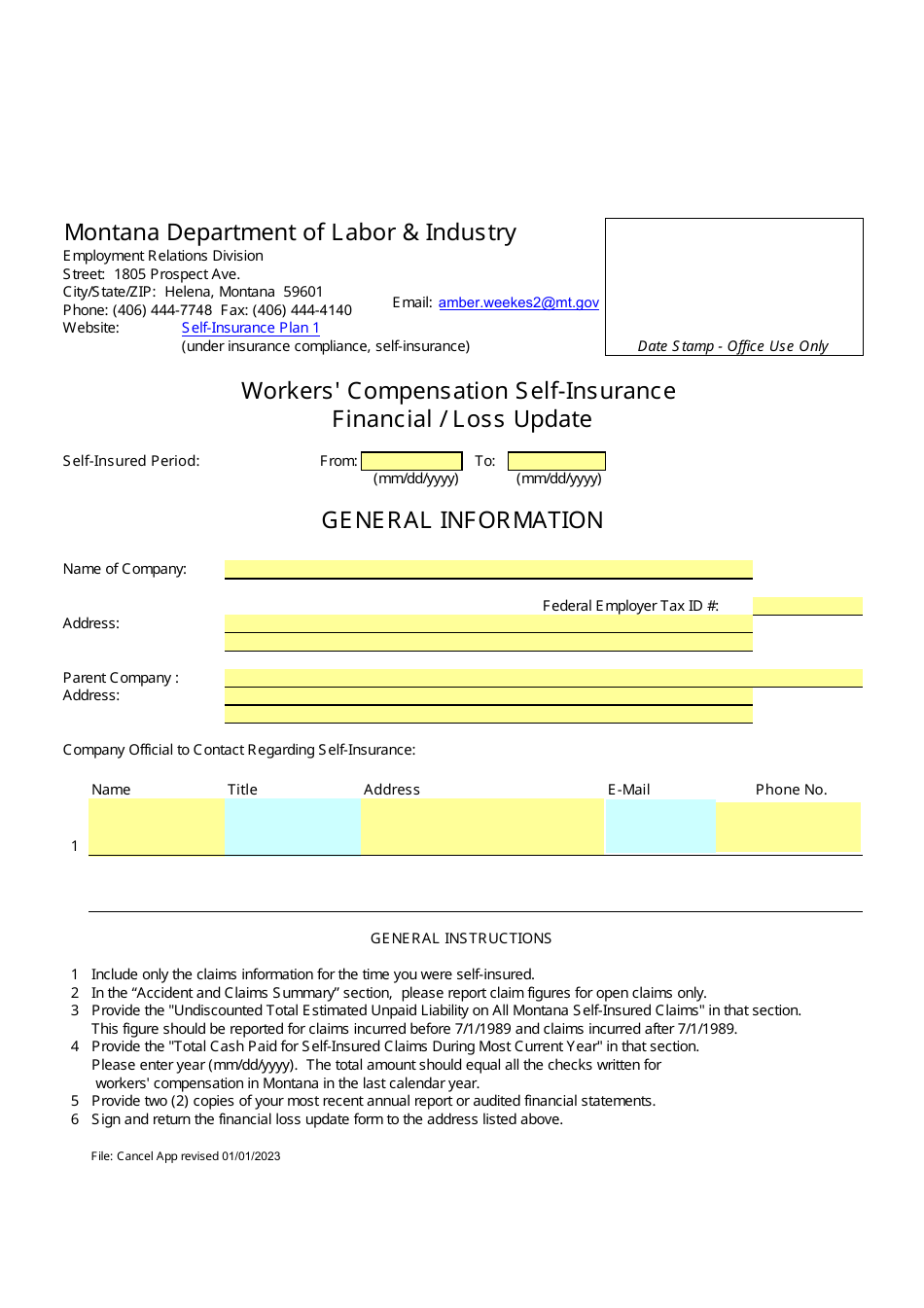 Montana Workers' Compensation Self-insurance Financial/Loss Update Download Fillable PDF 2020 ...