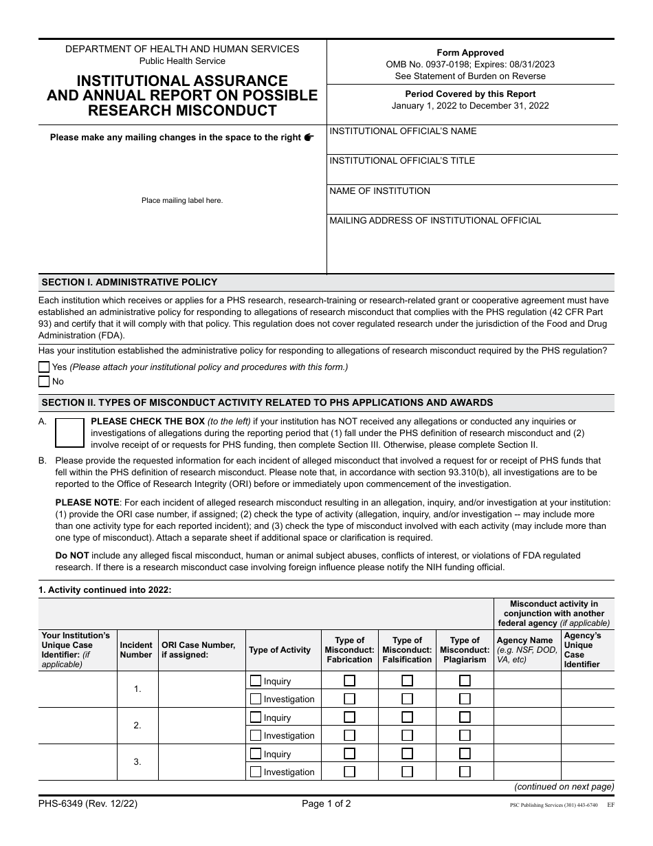Form PHS-6349 - 2022 - Fill Out, Sign Online and Download Fillable PDF ...