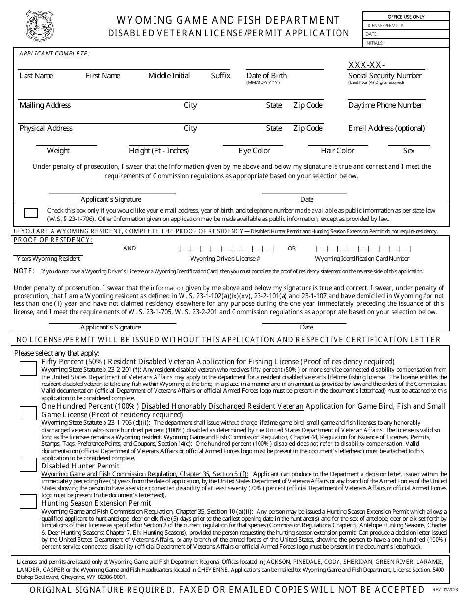 Wyoming Disabled Veteran License/Permit Application Download Printable ...