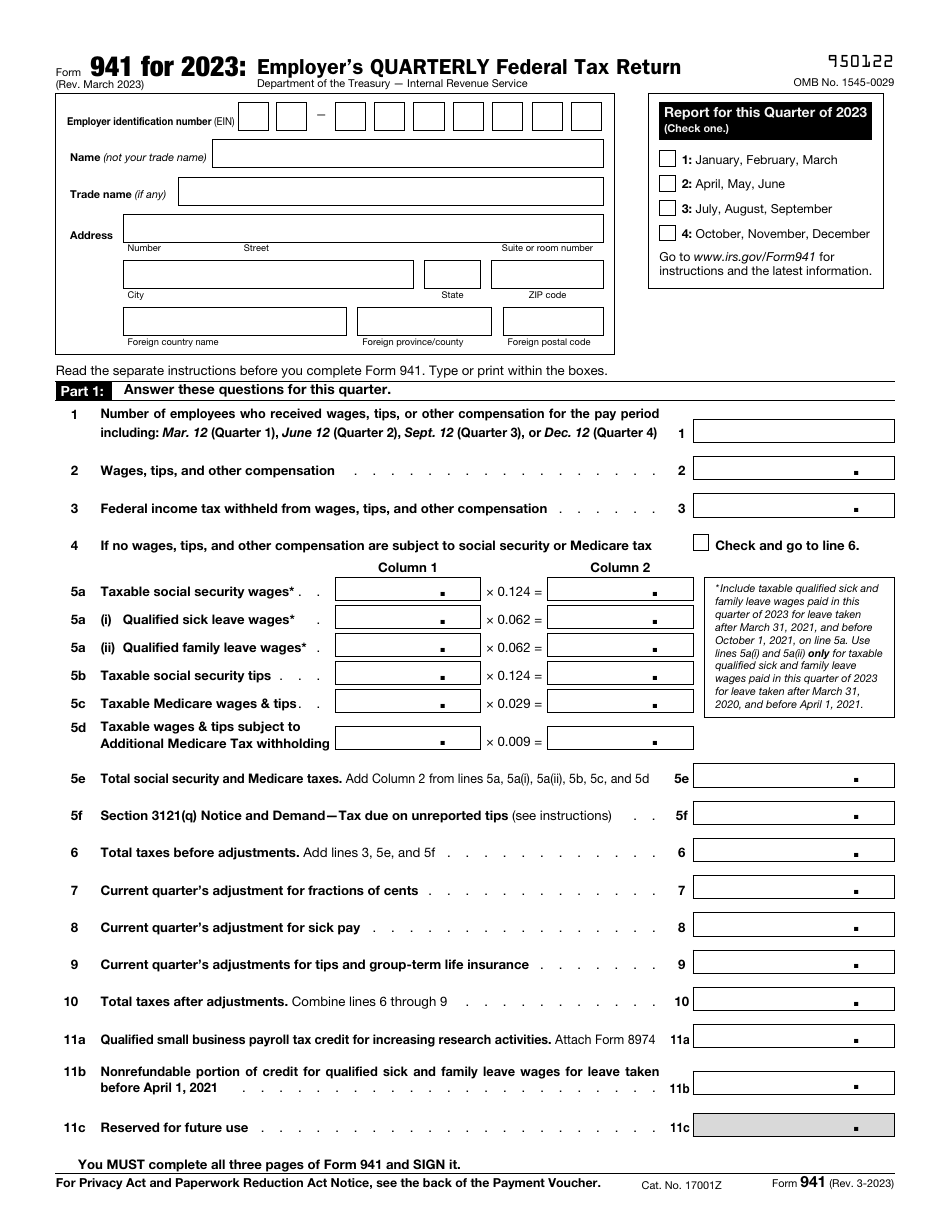 IRS Form 941 Download Fillable PDF or Fill Online Employer's Quarterly ...