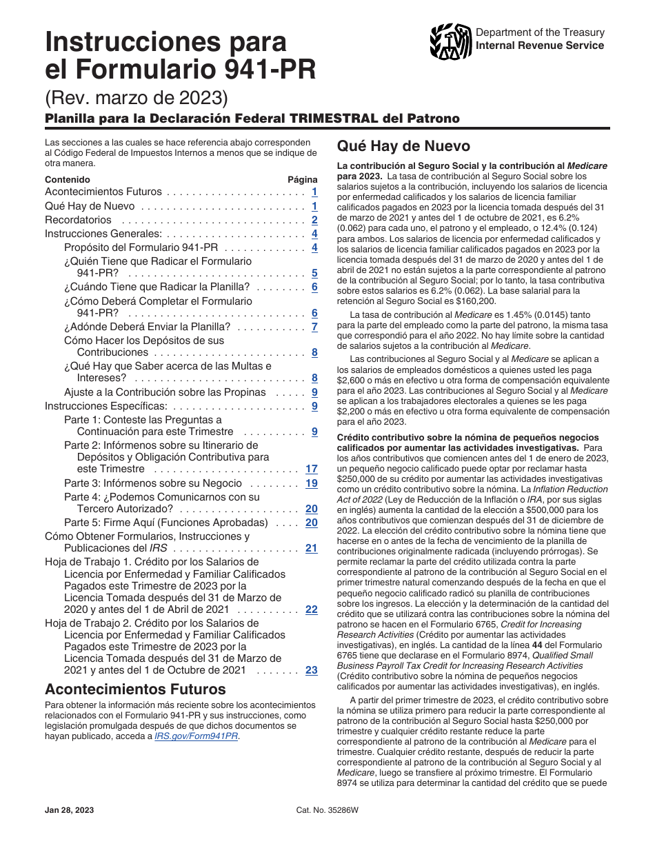 Download Instrucciones para IRS Formulario 941-PR Planilla Para La Declaracion Federal ...