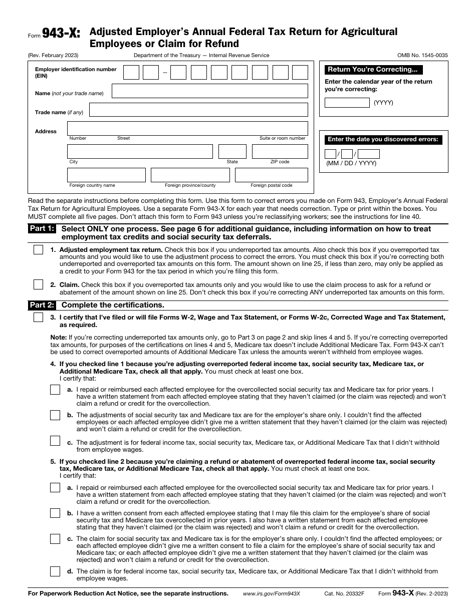 IRS Form 943-X Download Fillable PDF or Fill Online Adjusted Employer's ...