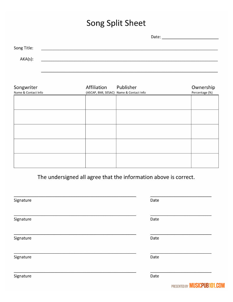 Song Publishing Split Sheet Template Table Download Printable PDF Song Publishing Split Sheet Template Table Download Printable PDF