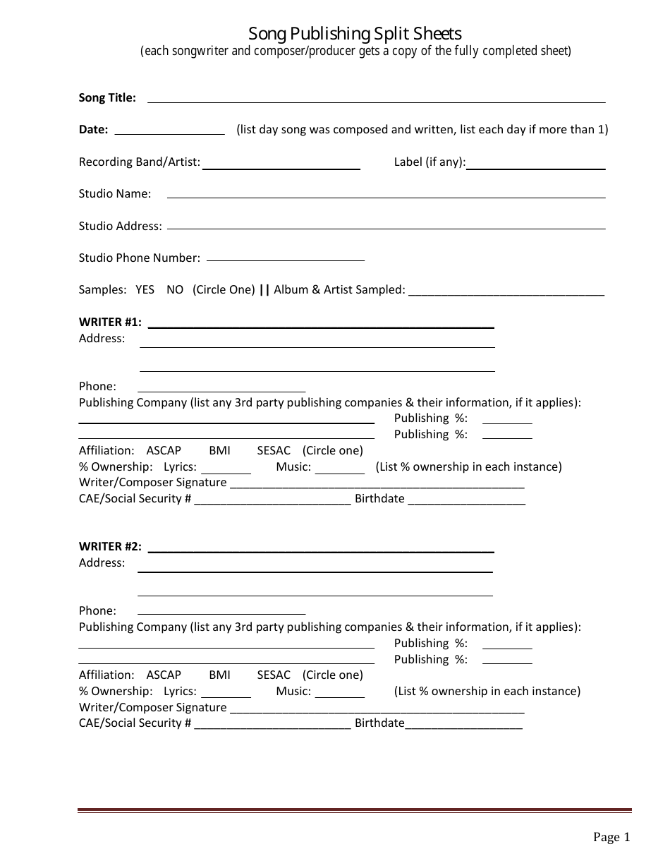 Song Publishing Split Sheet Template Lines Download Printable PDF Song Publishing Split Sheet Template Lines Download Printable PDF