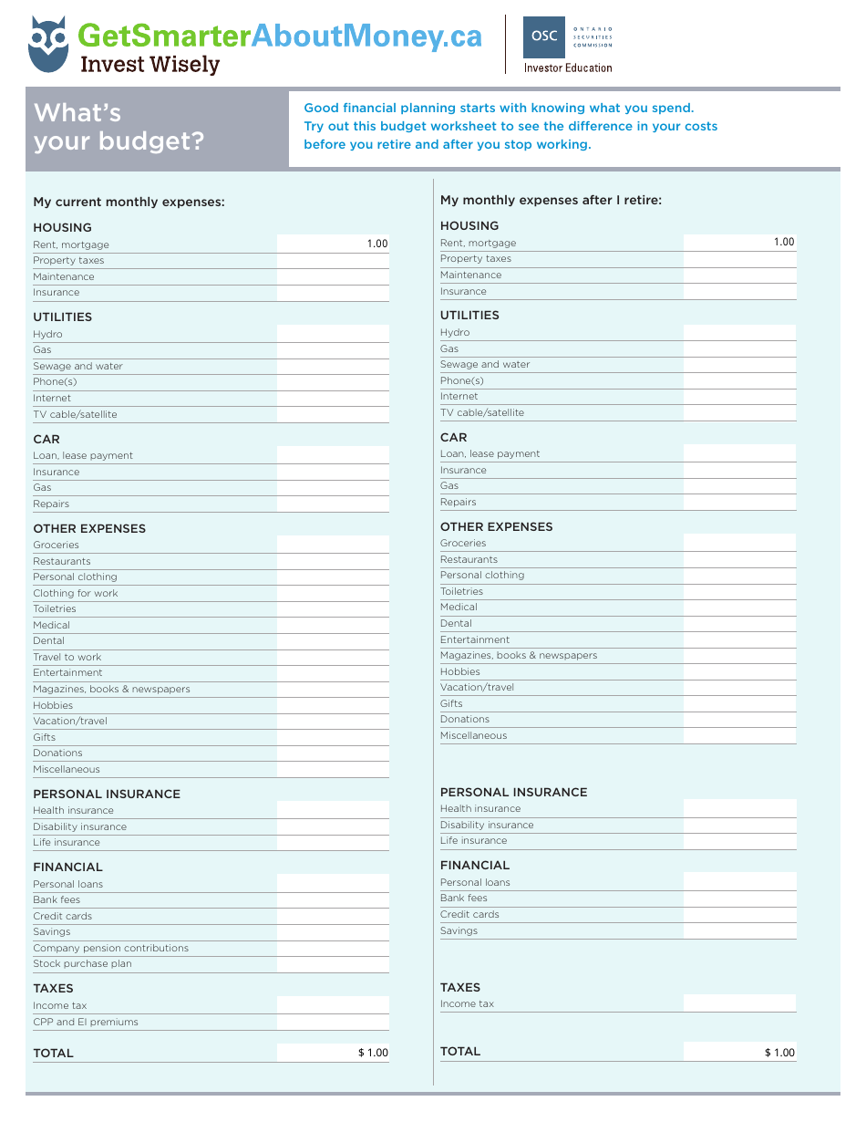 Ontario Canada Retirement Budget Worksheet Download Fillable PDF 