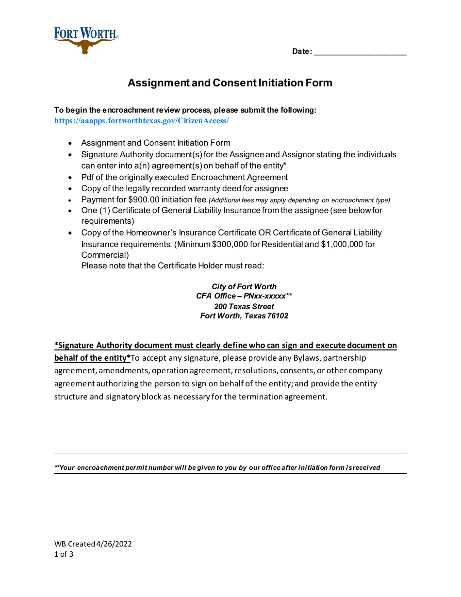 City of Fort Worth, Texas Assignment and Consent Initiation Form - Fill ...