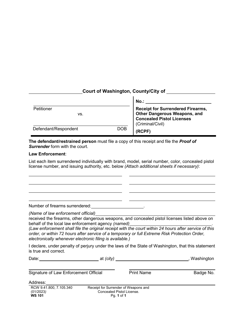 Form WS101 Download Printable PDF or Fill Online Receipt for ...