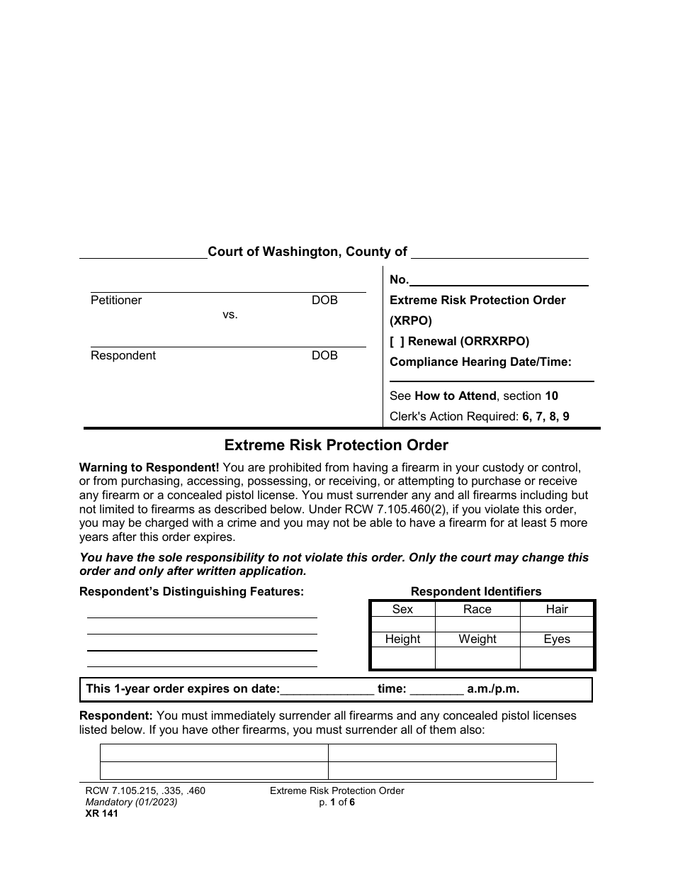 Form XR141 Download Printable PDF or Fill Online Extreme Risk ...