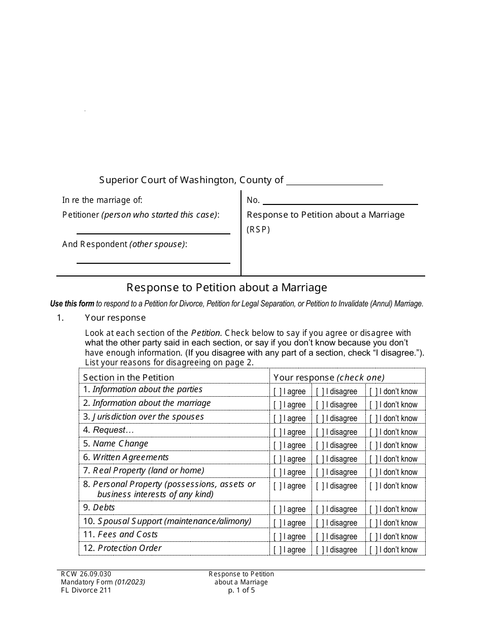 Form FL Divorce211 Download Printable PDF or Fill Online Response to ...