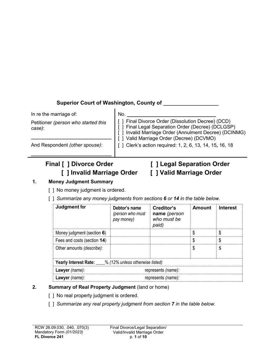 Form FL Divorce241 Download Printable PDF or Fill Online Final Divorce ...