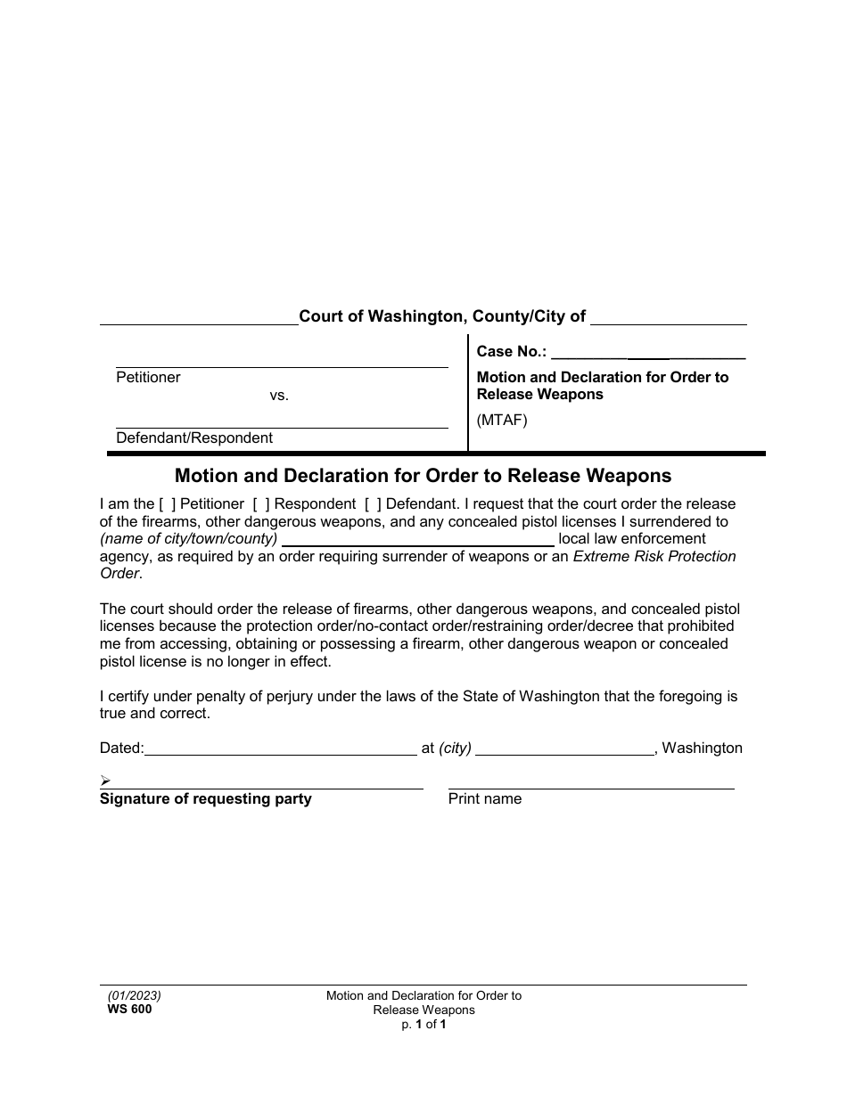 Form WS600 Download Printable PDF or Fill Online Motion and Declaration ...