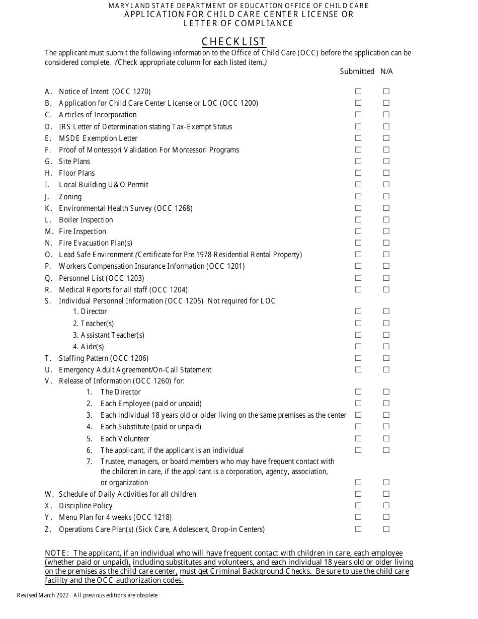 Maryland Application for Child Care Center License or Letter of ...