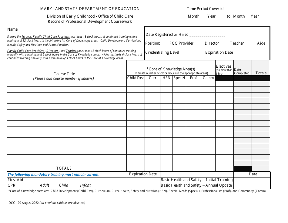 Form OCC100 Download Fillable PDF or Fill Online Record of Professional ...