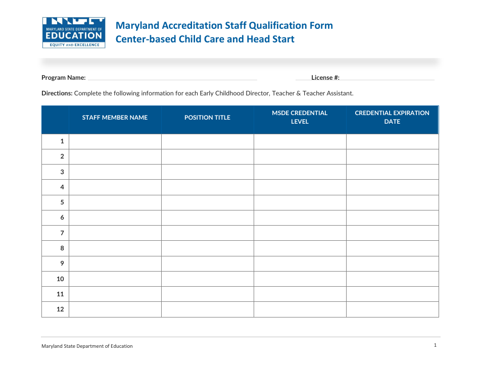 Maryland Maryland Accreditation Staff Qualification Form - Center-Based ...