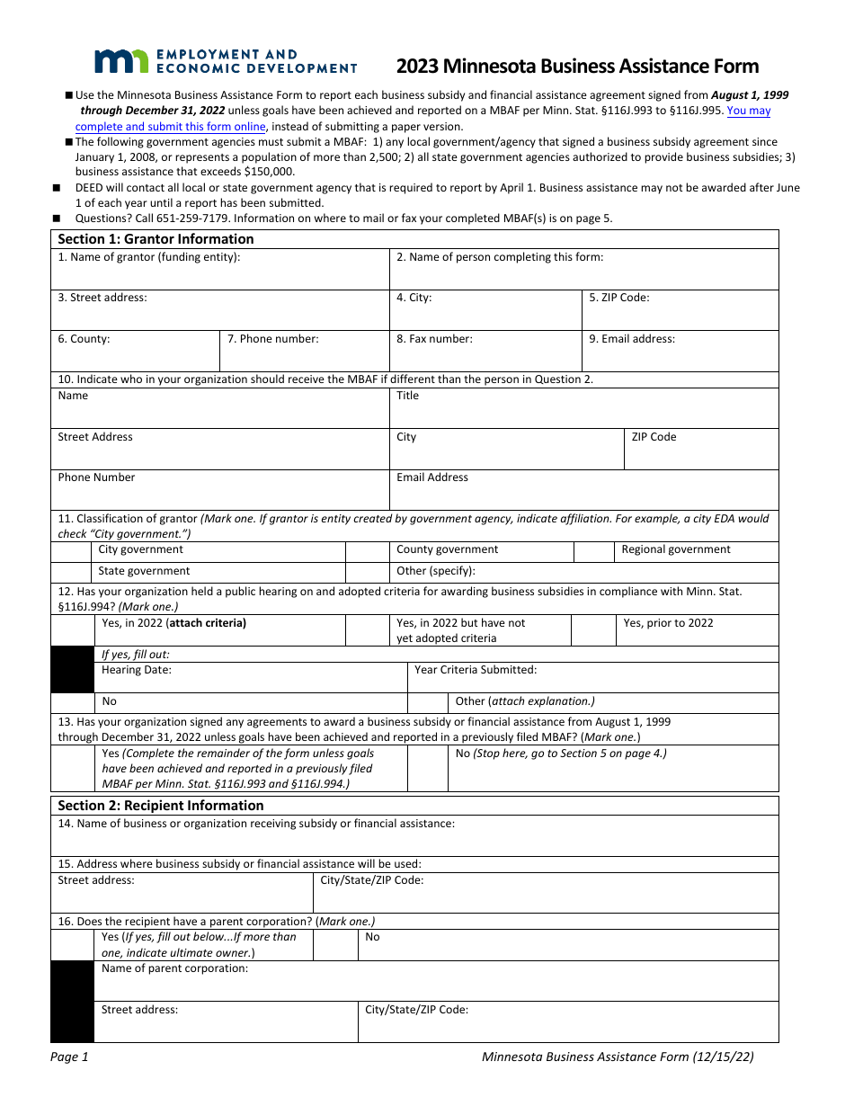 2023 Minnesota Minnesota Business Assistance Form - Fill Out, Sign ...
