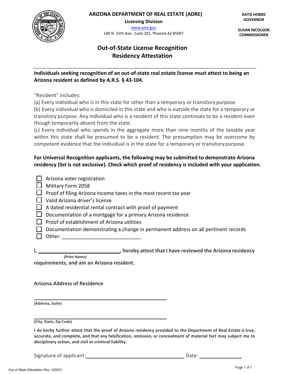 Arizona Out-of-State License Recognition Residency Attestation Download ...
