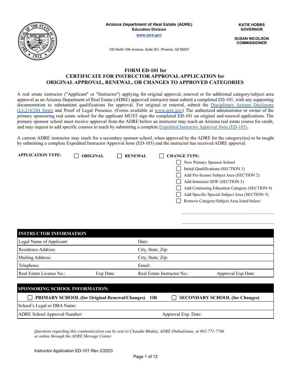 Form ED-101 Download Fillable PDF or Fill Online Certificate for Instructor Approval Application ...