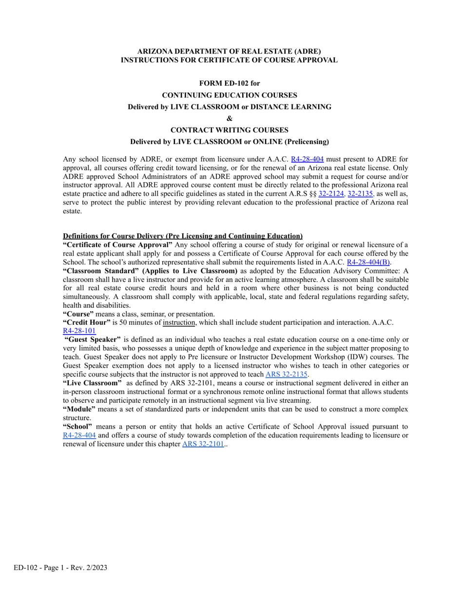 Form ED-102 Download Fillable PDF or Fill Online Ce/Dl/HR/Opcw: Course ...