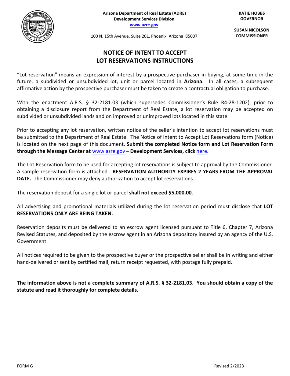 Form G Download Fillable PDF or Fill Online Notice of Intent to Accept ...