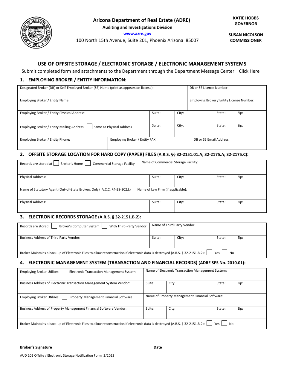 Form AUD102 Download Fillable PDF or Fill Online Use of Offsite Storage ...