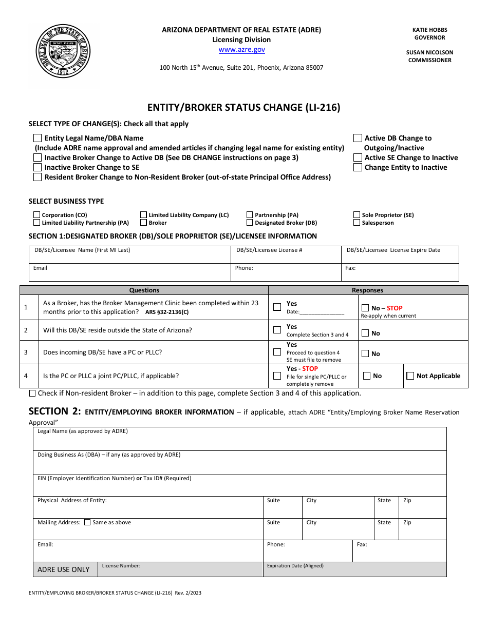 Form LI-216 - Fill Out, Sign Online and Download Fillable PDF, Arizona ...