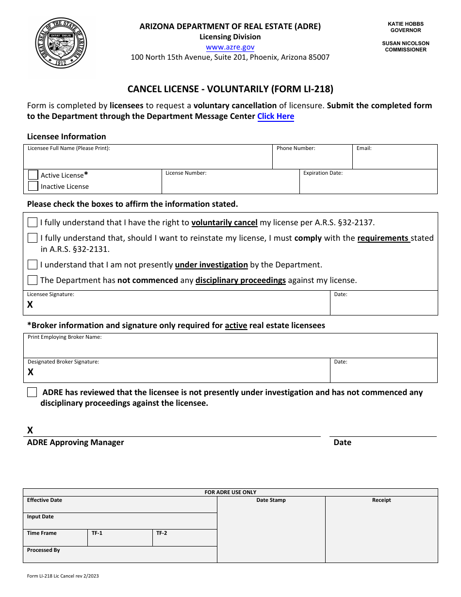 Form LI-218 - Fill Out, Sign Online and Download Fillable PDF, Arizona ...