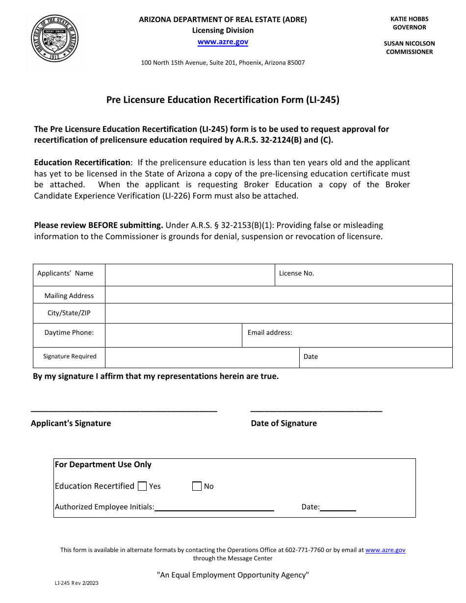 Form LI-245 - Fill Out, Sign Online and Download Fillable PDF, Arizona ...
