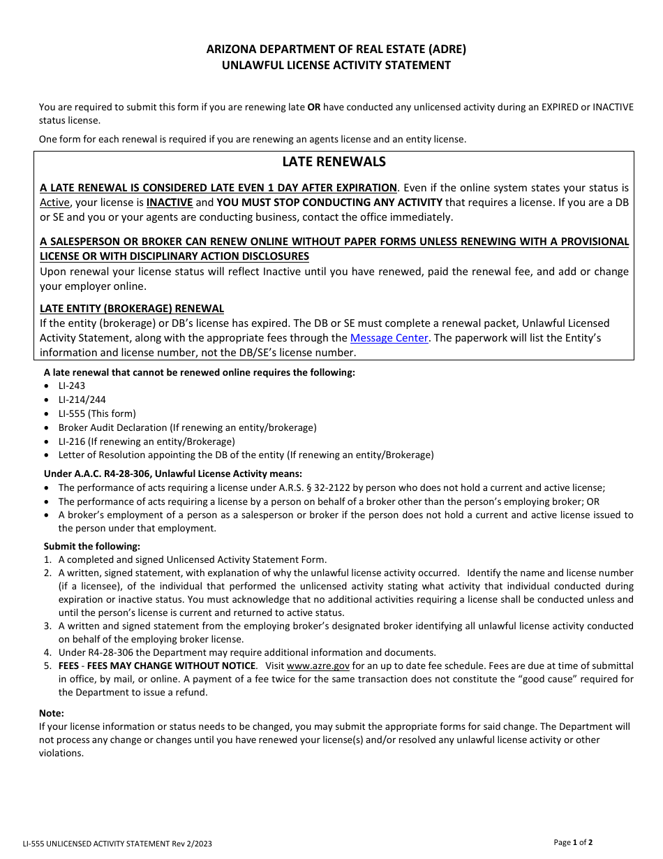 Form LI-555 - Fill Out, Sign Online and Download Fillable PDF, Arizona ...