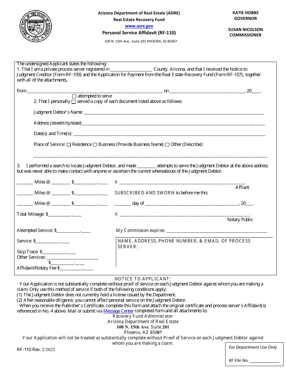 Form RF-110 - Fill Out, Sign Online and Download Fillable PDF, Arizona ...