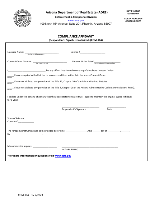Form COM-104 Download Fillable PDF or Fill Online Compliance Affidavit ...